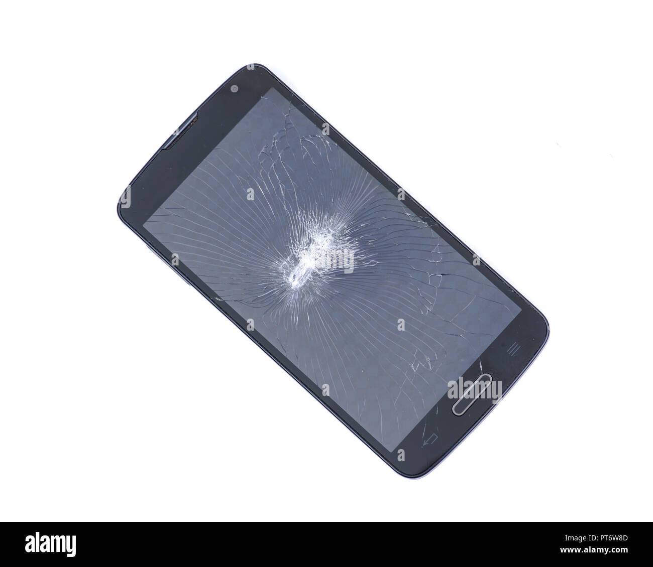 Accidentally cracked, damaged smartphone LCD screen isolated on white ...
