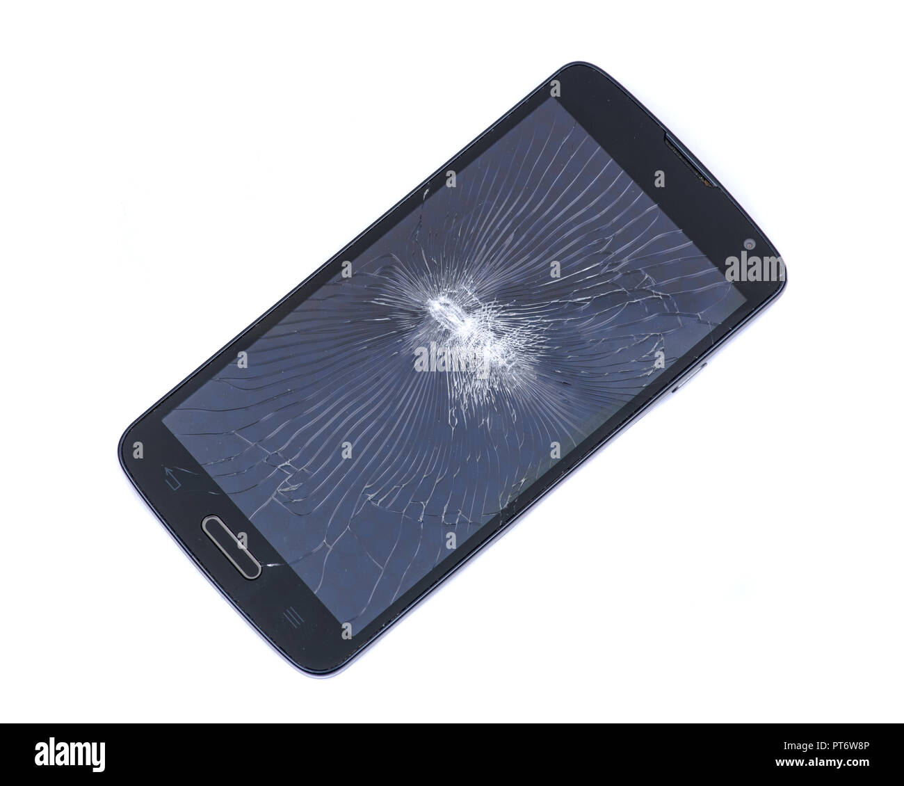 Accidentally cracked, damaged smartphone LCD screen isolated on white ...