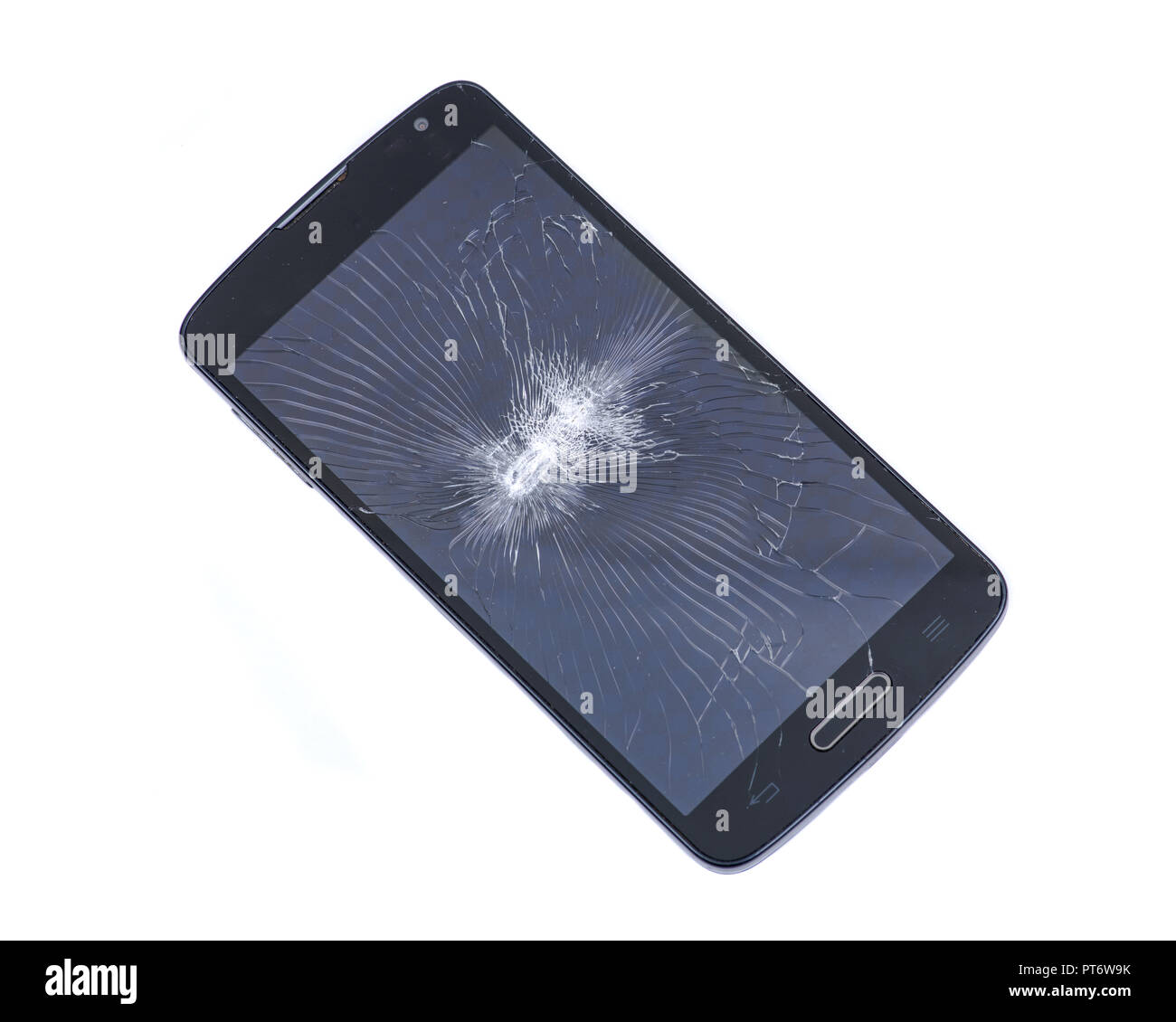 Accidentally cracked, damaged smartphone LCD screen isolated on white ...