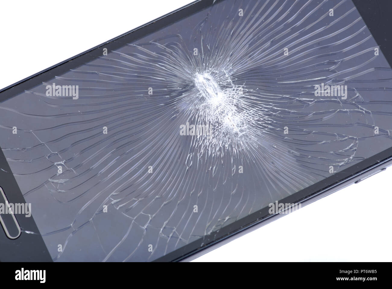 Accidentally cracked, damaged smartphone LCD screen isolated on white ...