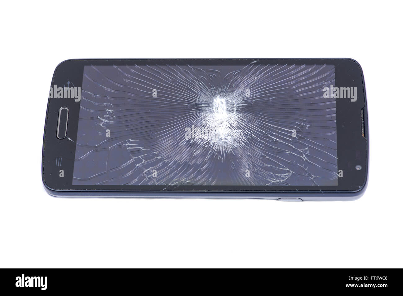 Accidentally cracked, damaged smartphone LCD screen isolated on white ...