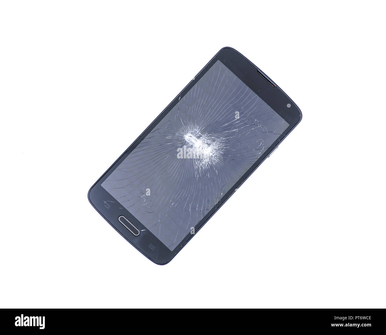 Accidentally cracked, damaged smartphone LCD screen isolated on white ...