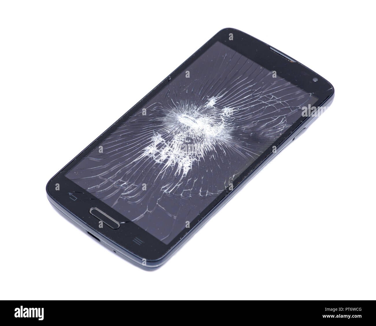 Accidentally cracked, damaged smartphone LCD screen isolated on white ...