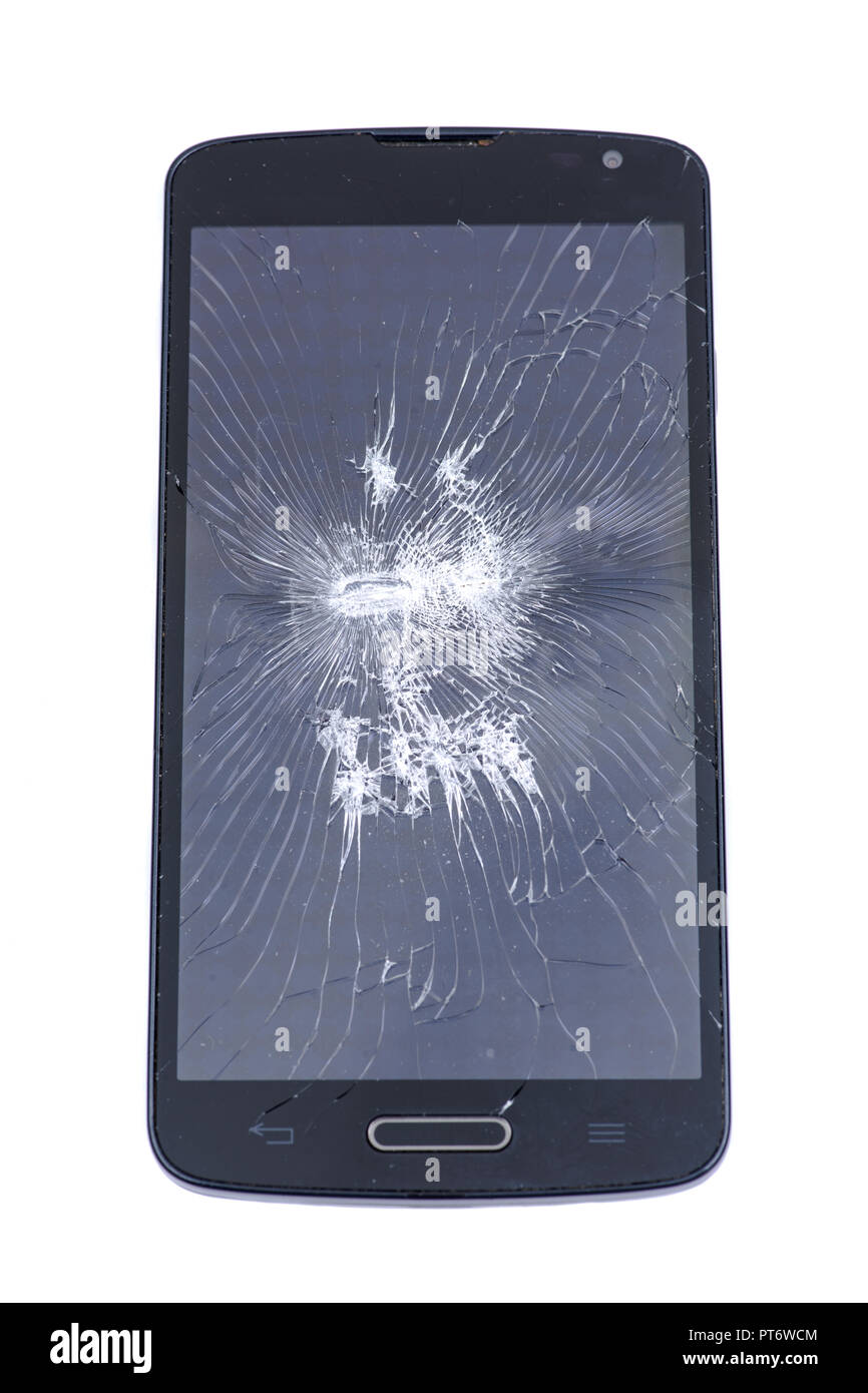 Accidentally cracked, damaged smartphone LCD screen isolated on white ...