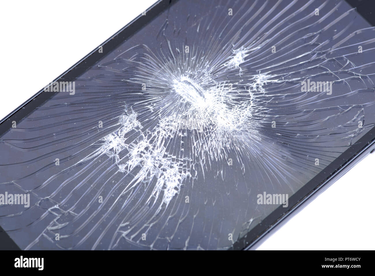 Accidentally cracked, damaged smartphone LCD screen isolated on white ...