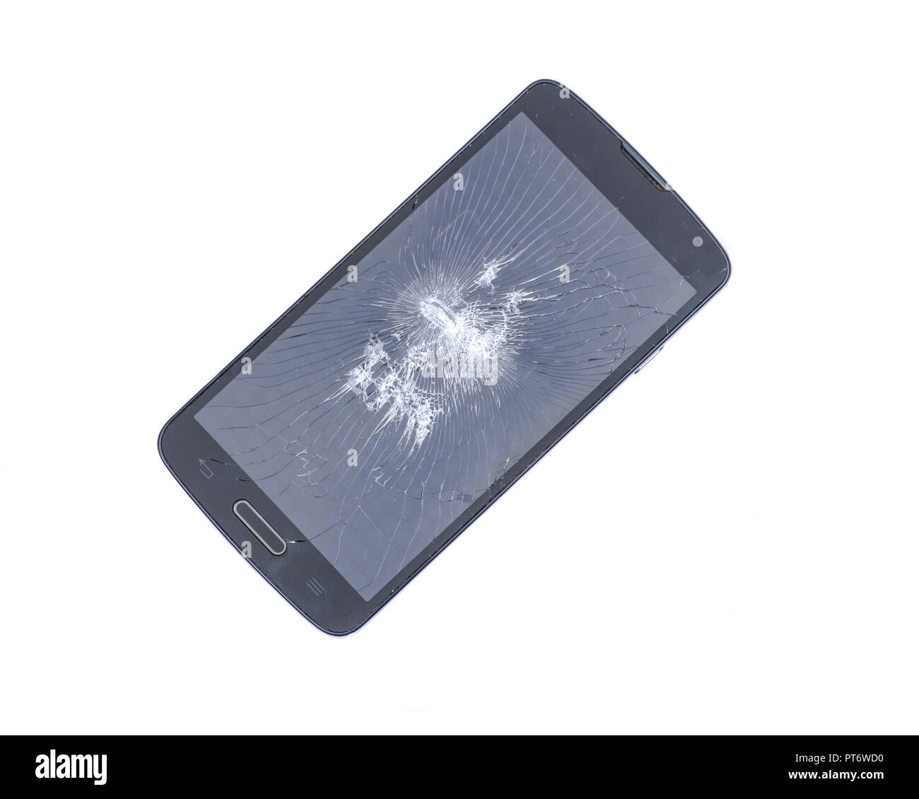Accidentally cracked, damaged smartphone LCD screen isolated on white ...