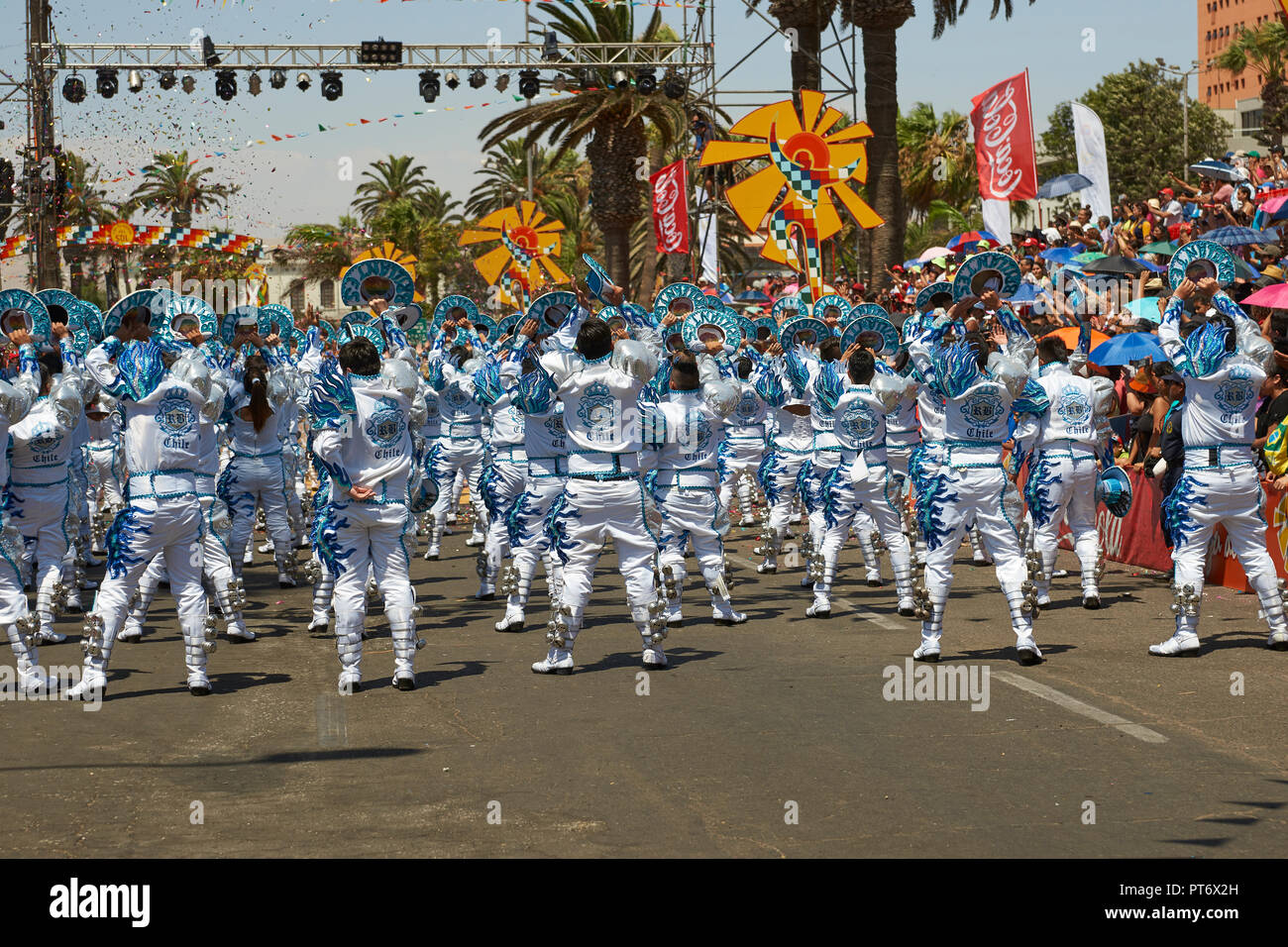 ARICA, CHILE - JANUARY 22, 2016: Caporales dance group performing at ...