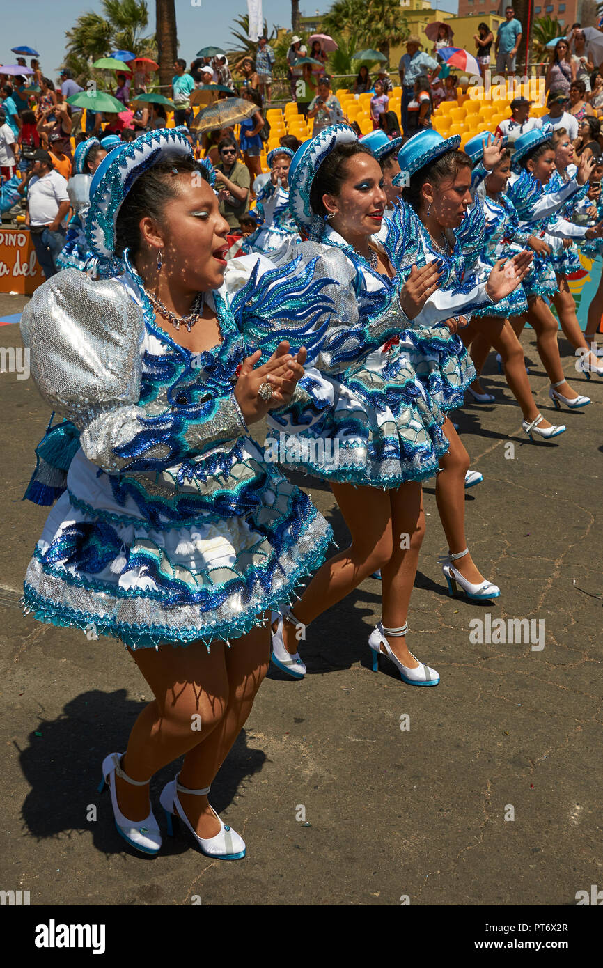 ARICA, CHILE - JANUARY 22, 2016: Caporales dance group performing at ...