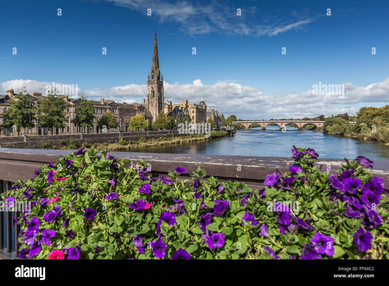 St Matthews church and the River Tay in the city of Perth in Scotland ...