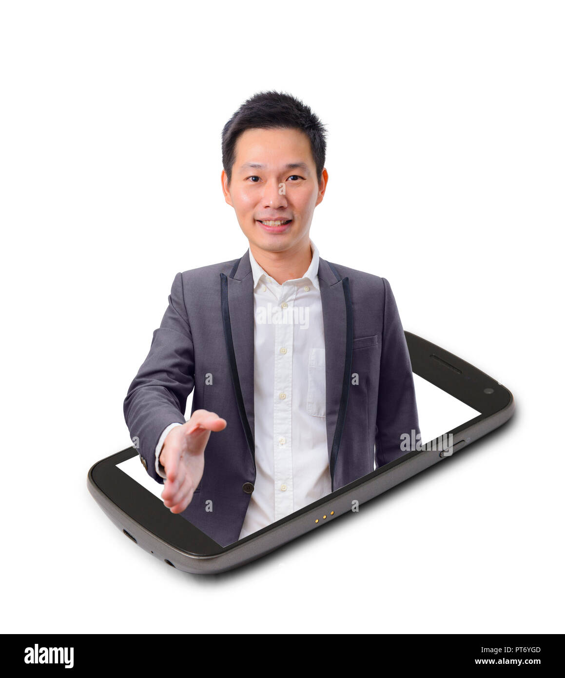 Asian businessman gives a handshake on the smartphone screen. Global ...