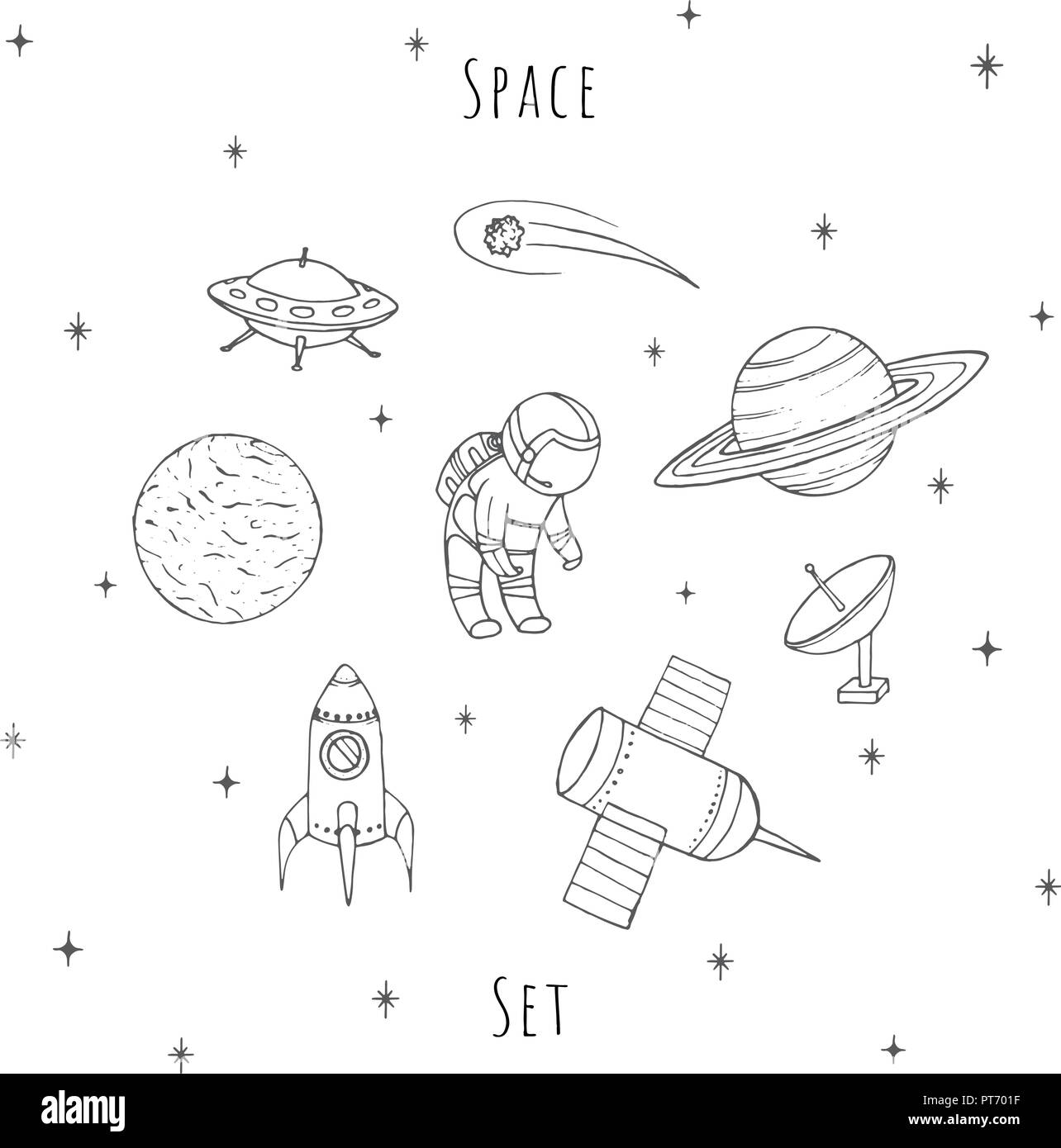 Hand drawn vector space elements: cosmonaut, satelites, rocket, planets ...
