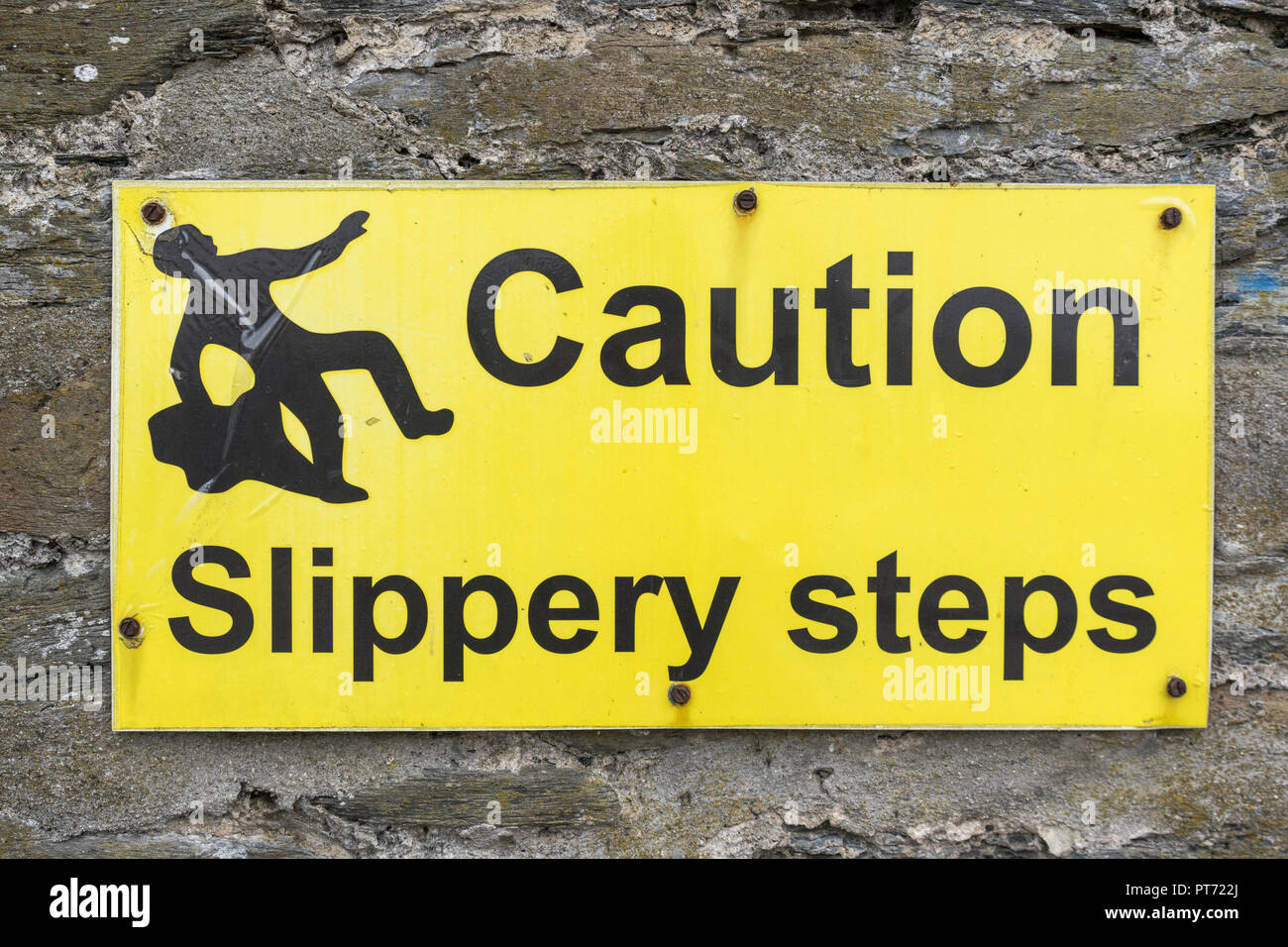 Slippery steps warning sign at Newquay harbour. Metaphor risk analysis ...