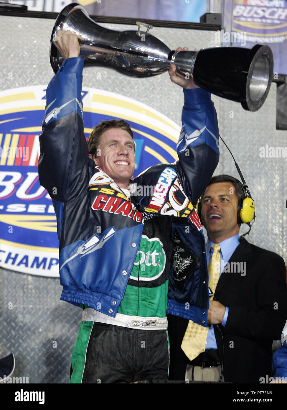 Carl Edwards celebrates winning the 2007 NASCAR Busch series ...