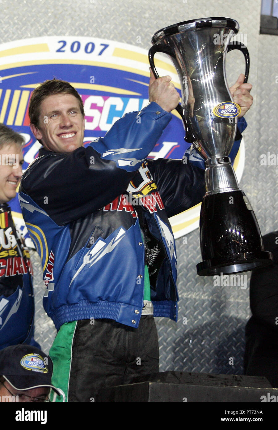 Carl Edwards celebrates winning the 2007 NASCAR Busch series ...