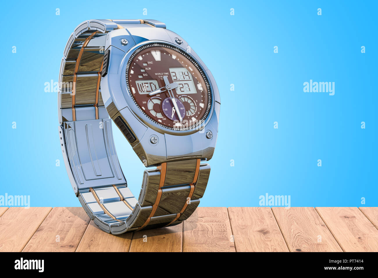 Analog Digital Wrist Watch for men on the wooden table. 3D rendering ...