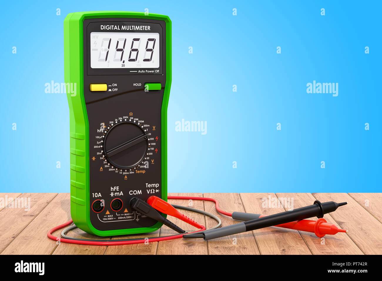 Digital multimeter on the wooden table. 3D rendering Stock Photo - Alamy