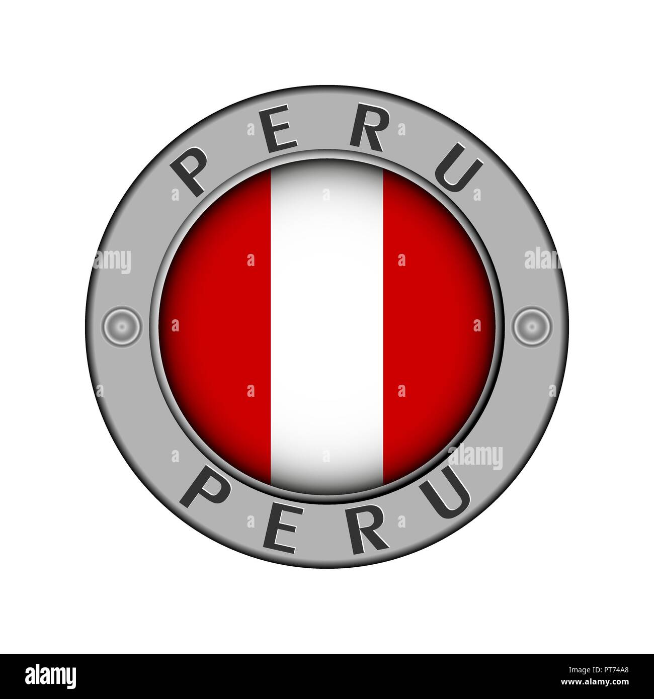 Round metal medallion with the name of the country of Peru and a round ...