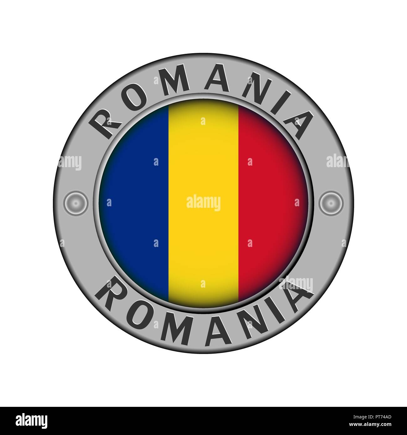 Round metal medallion with the name of the country of Romania and a ...