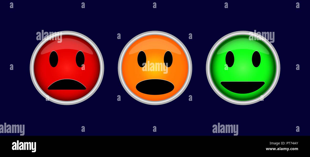Three colorful buttons with symbols of emotions, sadness, fun ...
