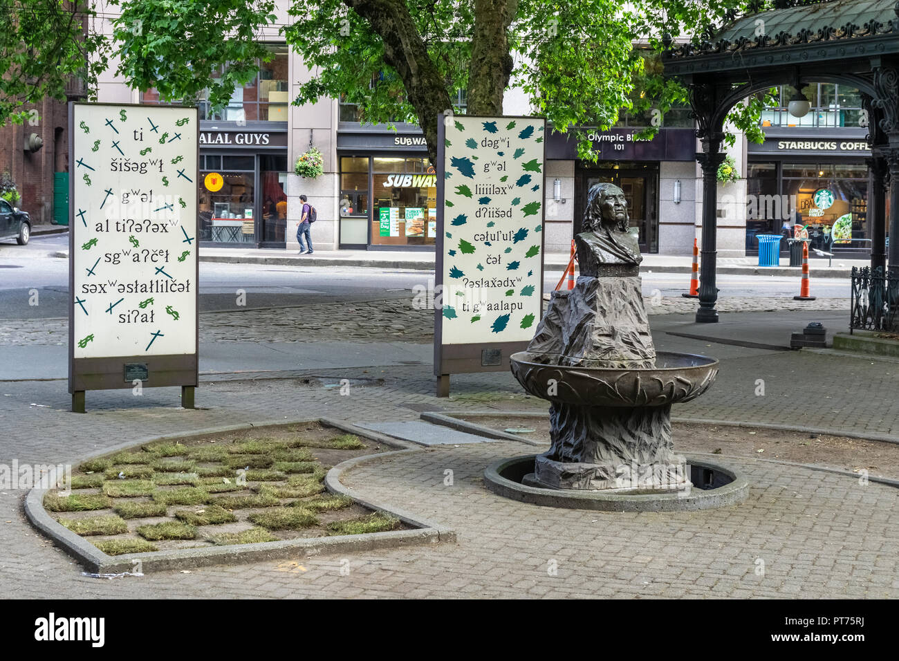 Chief Seattle bronze bust or statue at Pioneer Square, Pioneer district ...