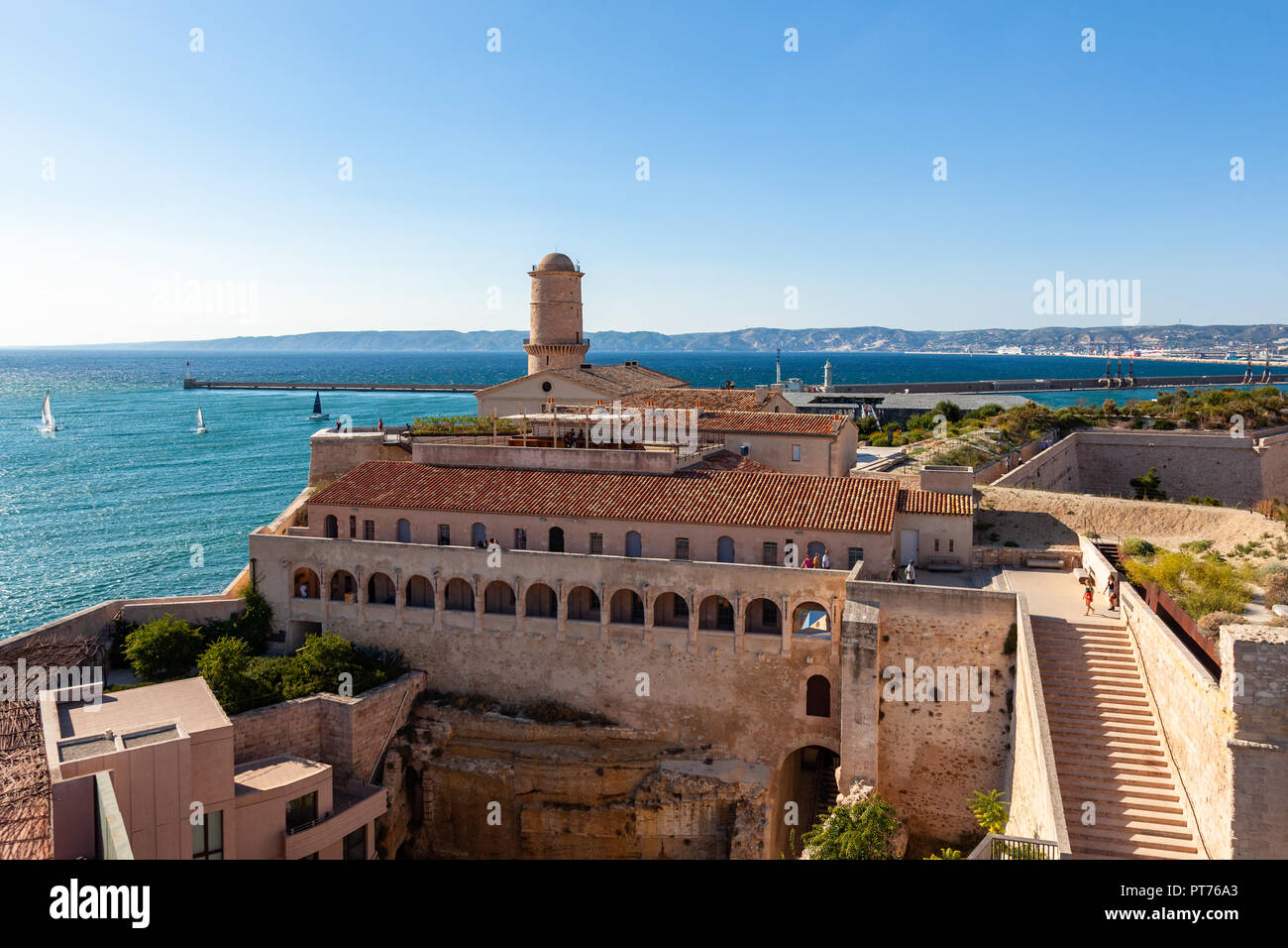 view of Marseille pier, Fort Saint Jean castle in south of France Stock ...