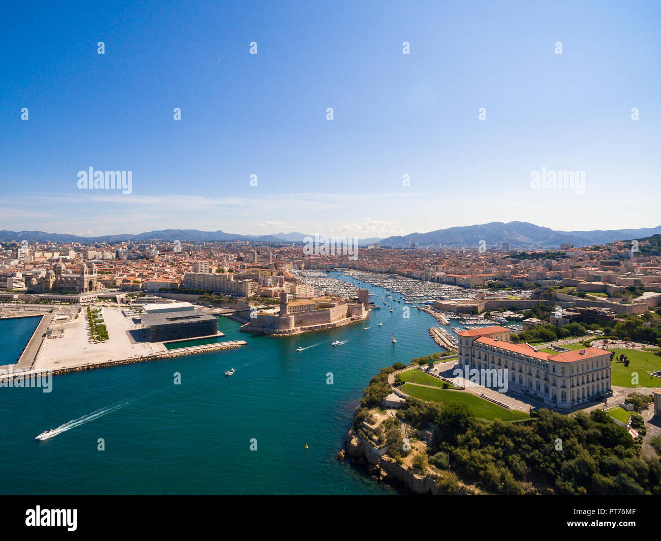 Aerial view of Marseille pier - Vieux Port, Saint Jean castle, and ...