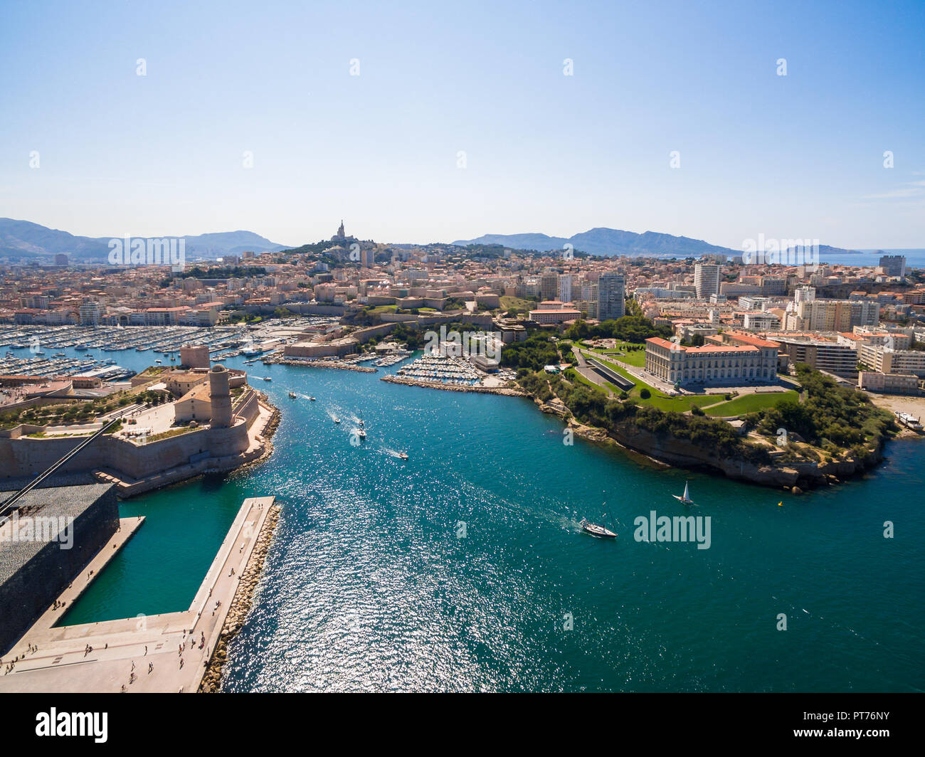 Aerial view of Marseille pier - Vieux Port, Saint Jean castle, and ...