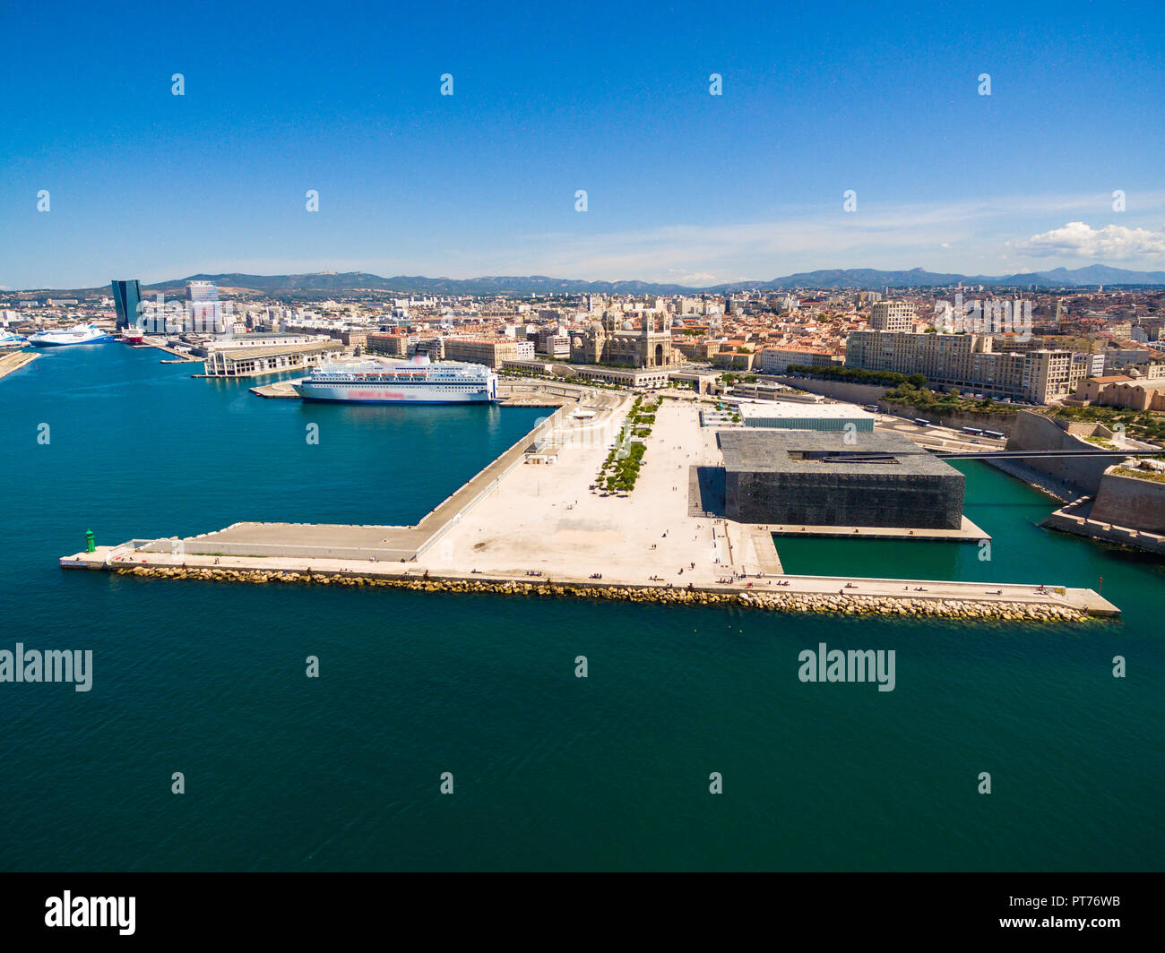 Aerial view of Marseille pier - Vieux Port, Saint Jean castle, and ...