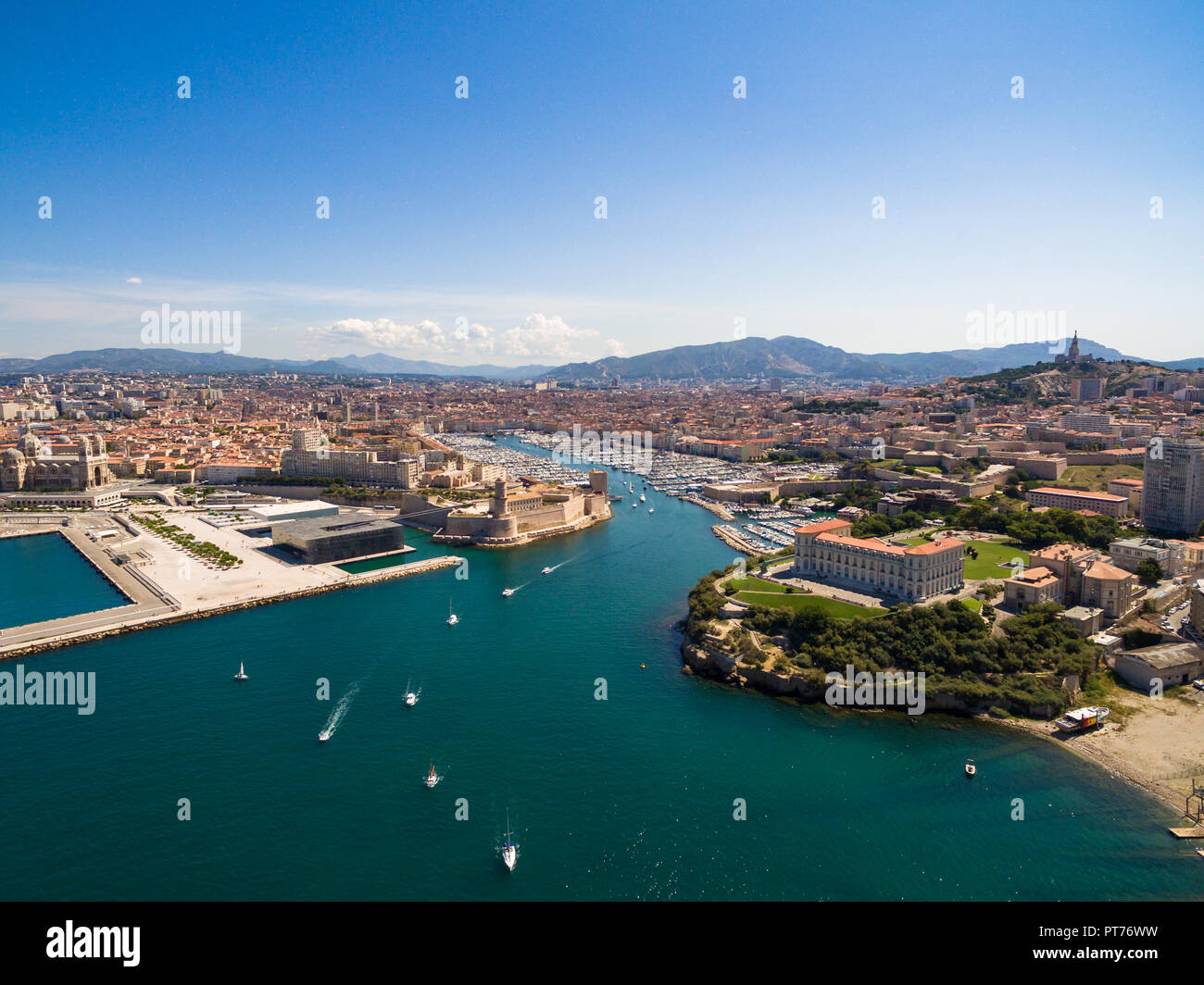 Aerial view of Marseille pier - Vieux Port, Saint Jean castle, and ...