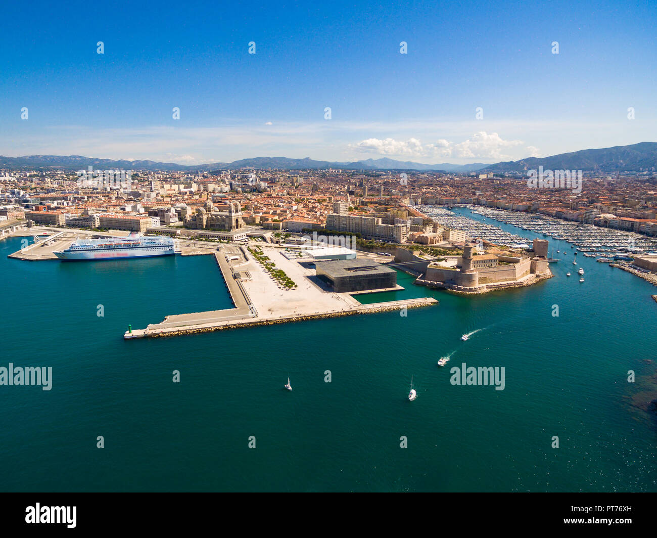 Aerial view of Marseille pier - Vieux Port, Saint Jean castle, and ...
