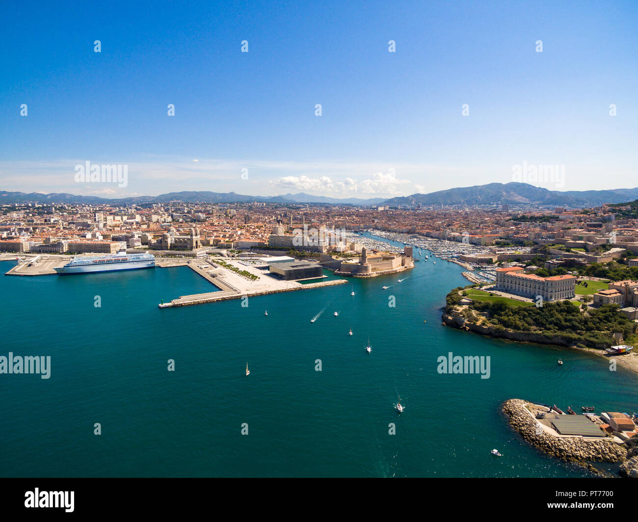Aerial view of Marseille pier - Vieux Port, Saint Jean castle, and ...