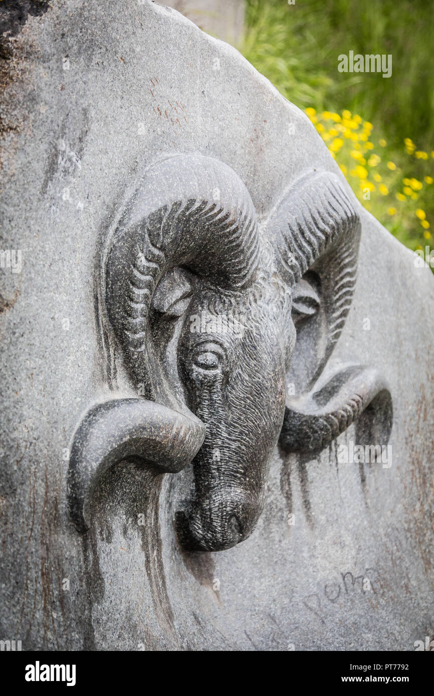 Ram face as part of the Stone & Man Sculpture, Qaqortoq, Greenland ...