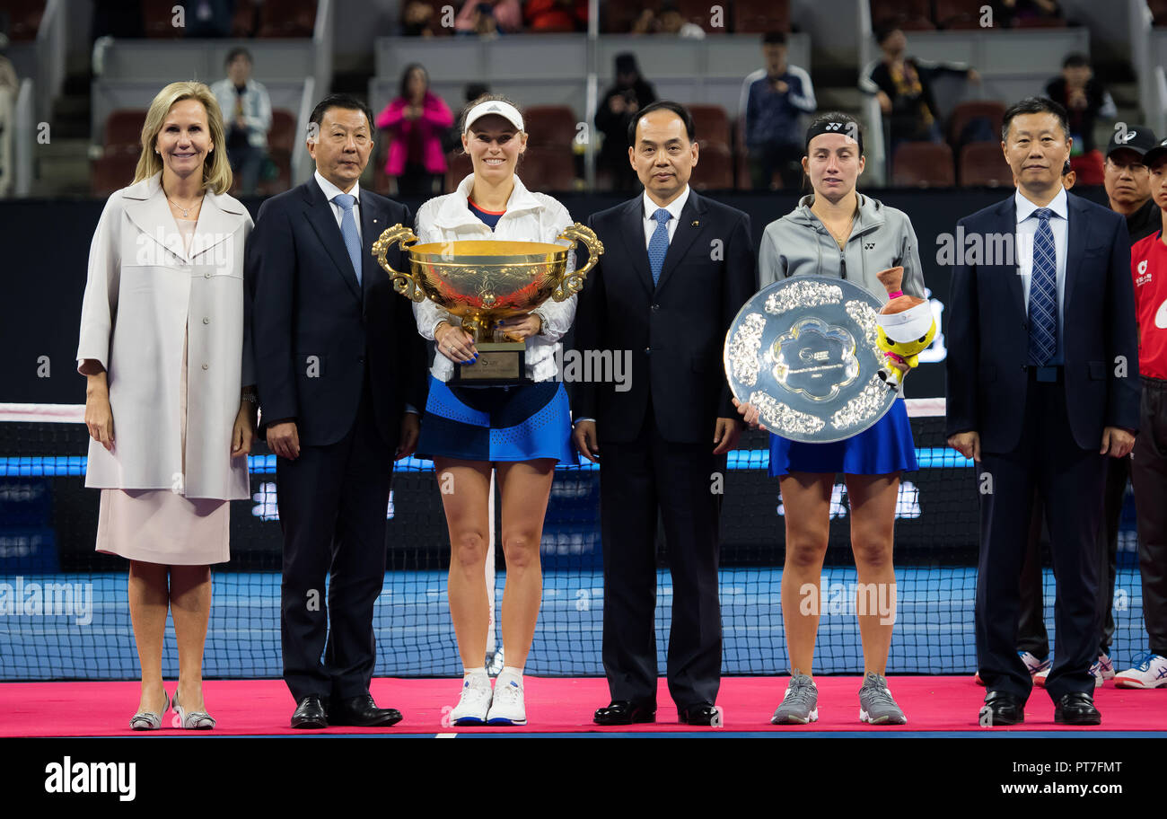Beijing, China. 7th Oct 2018. Caroline Wozniacki of Denmark & Anastasija Sevastova of Latvia ...