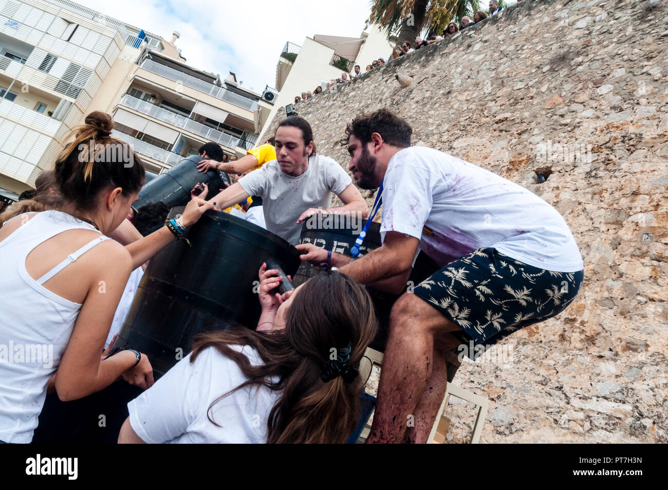 Sitges, Spain. 07th Oct, 2018. 40th Grape Stomping Competition is one ...