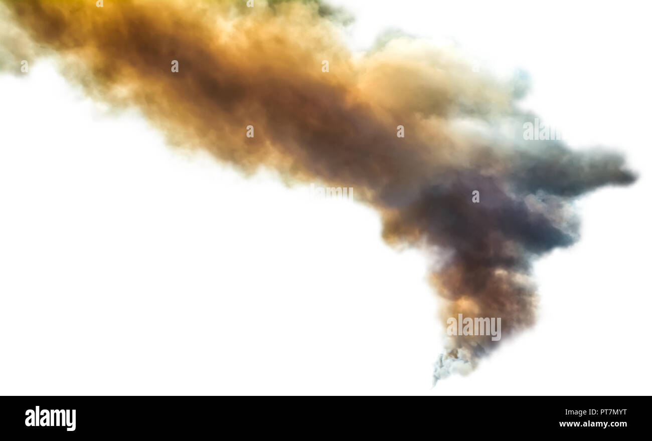 Orange and grey dark cloud of wildfire smoke isolated on white ...