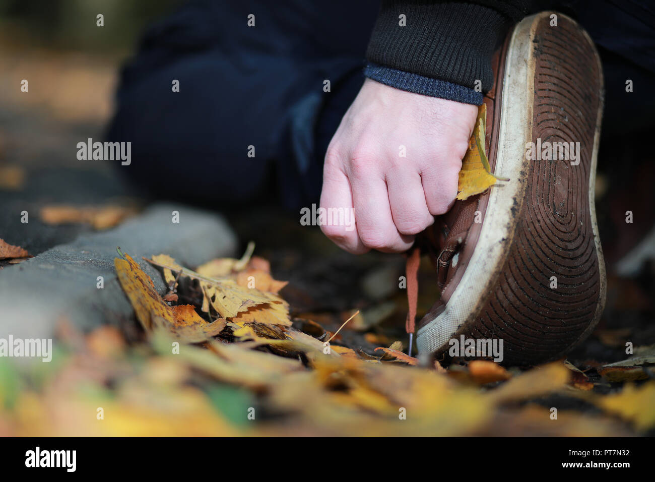 Autumn Park man walking along a path foliage Stock Photo - Alamy