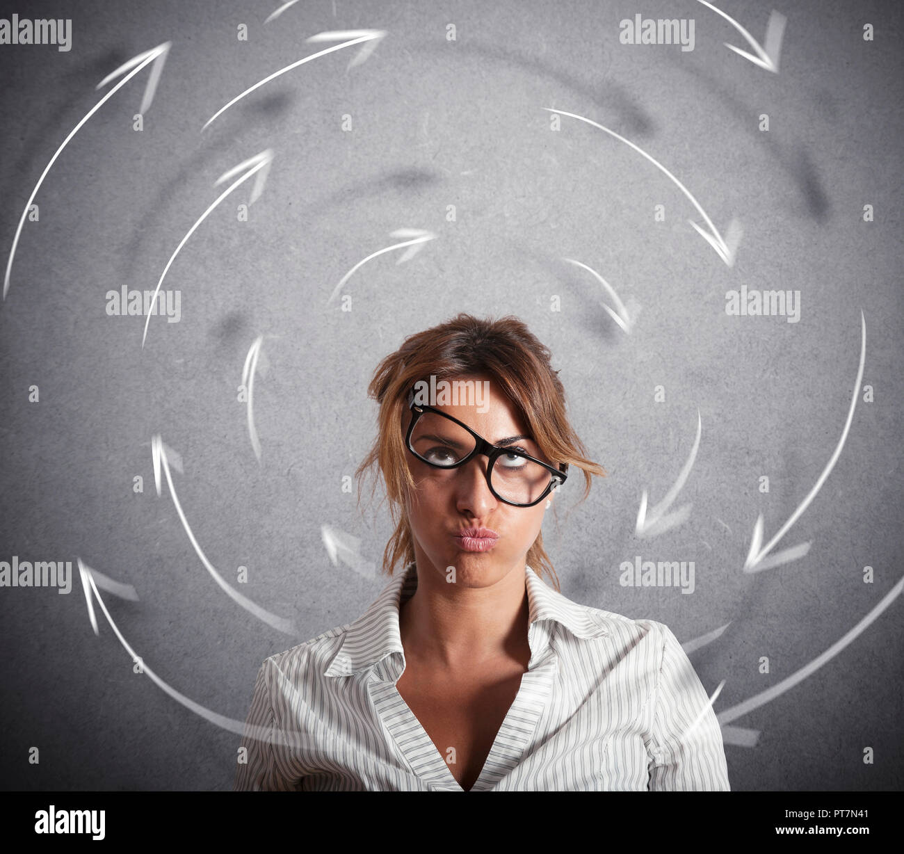 Confused businesswoman has dizziness. Concept of stress and overwork ...