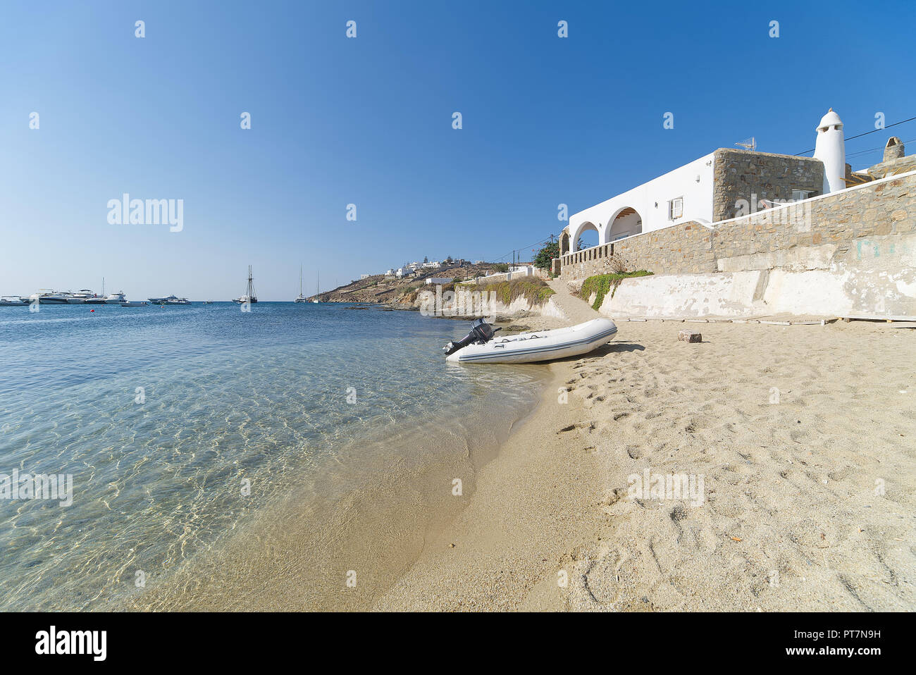 Ornos beach and village - Mykonos island - Aegean sea - Greece Stock ...