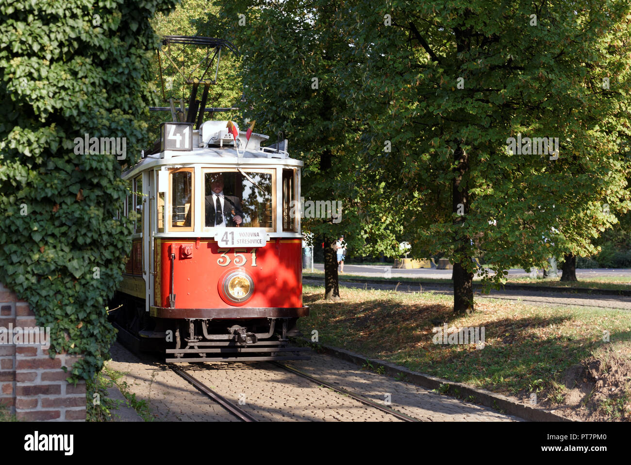 Prague, Czech Republic - September 15, 2018: Retro tram on the street ...