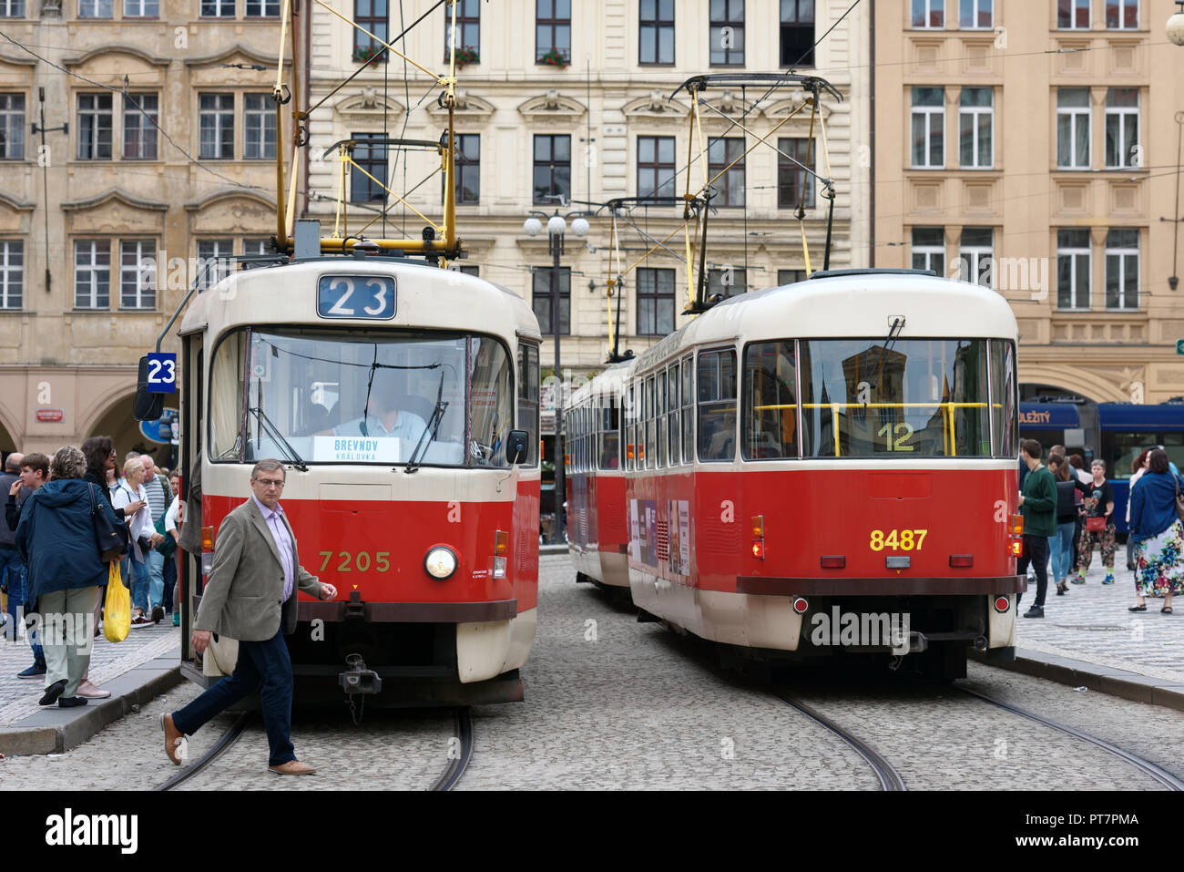 Prague, Czech Republic - September 14, 2018: Trams Tatra T3 on the stop ...