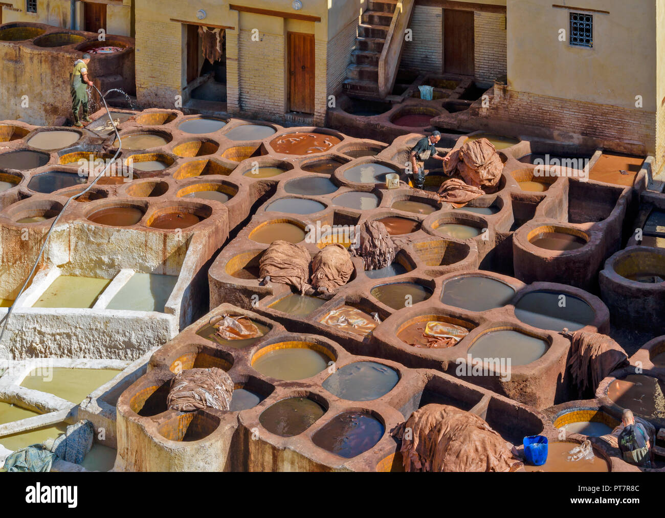 MOROCCO MARRAKESH LEATHER TANNERY WITH MANY TILED VATS OF COLOURED DYES ...