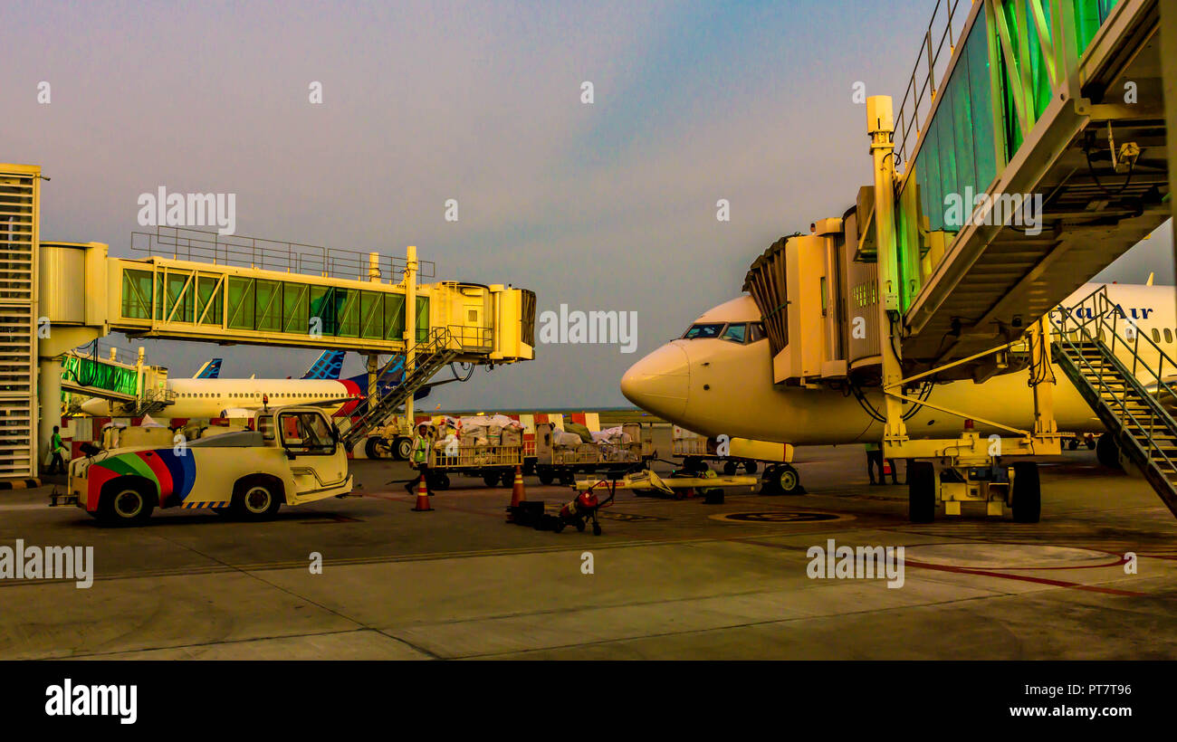 a plane is prepared before take off. boarding passenger, fueling ...