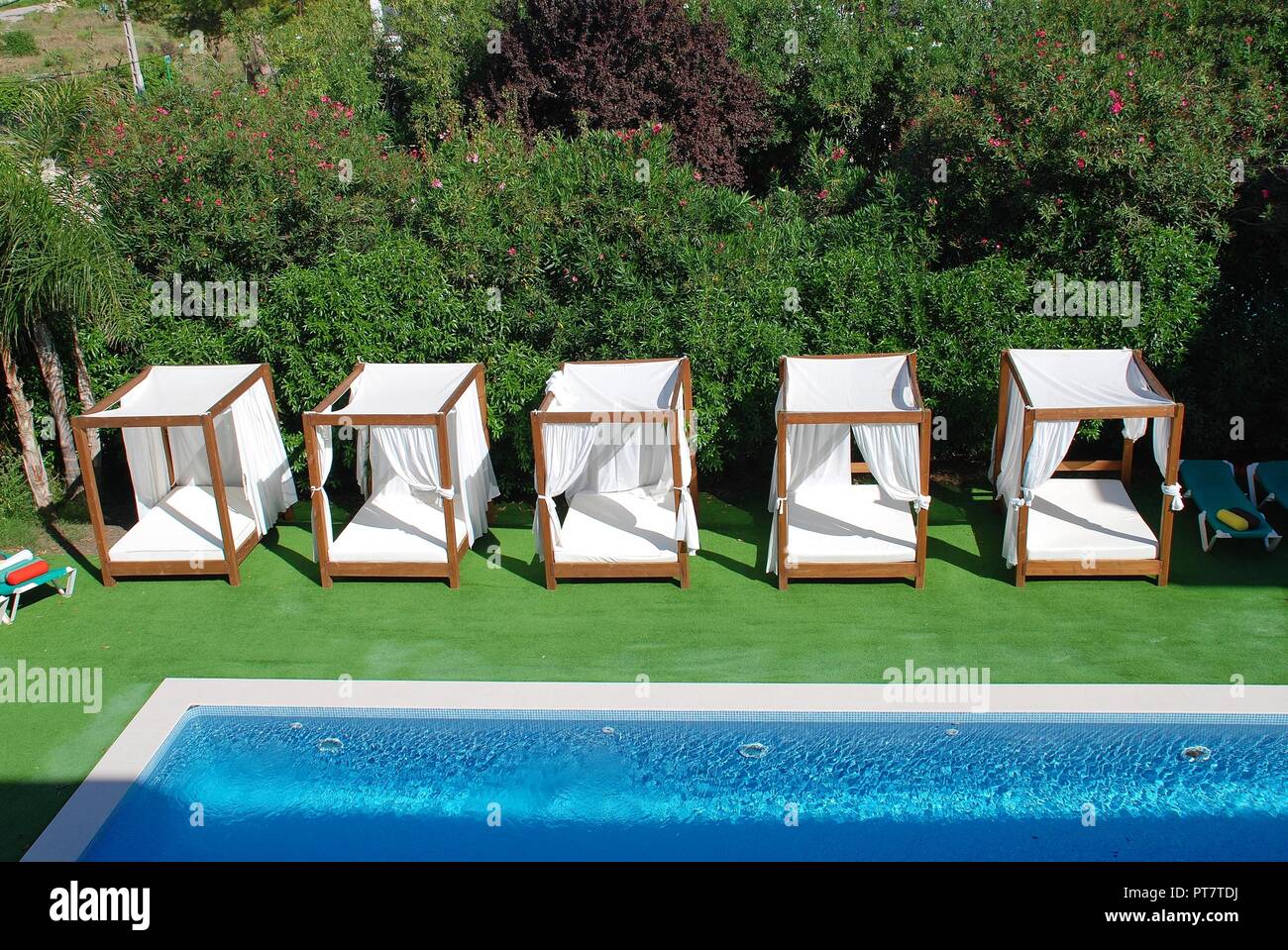 A line of four poster sunbeds by a swimming pool at Puerto Pollensa on ...