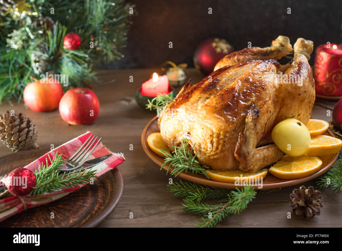 Roasted Christmas Chicken or Turkey for Christmas Dinner. Festive ...