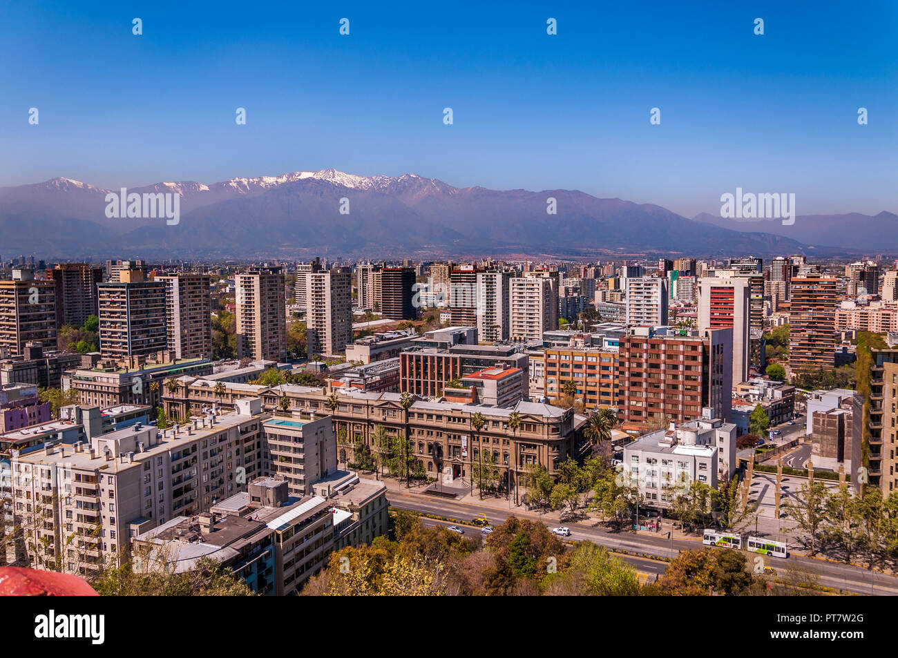 Aerial view of chile's capital with Manquehue in the background on a ...