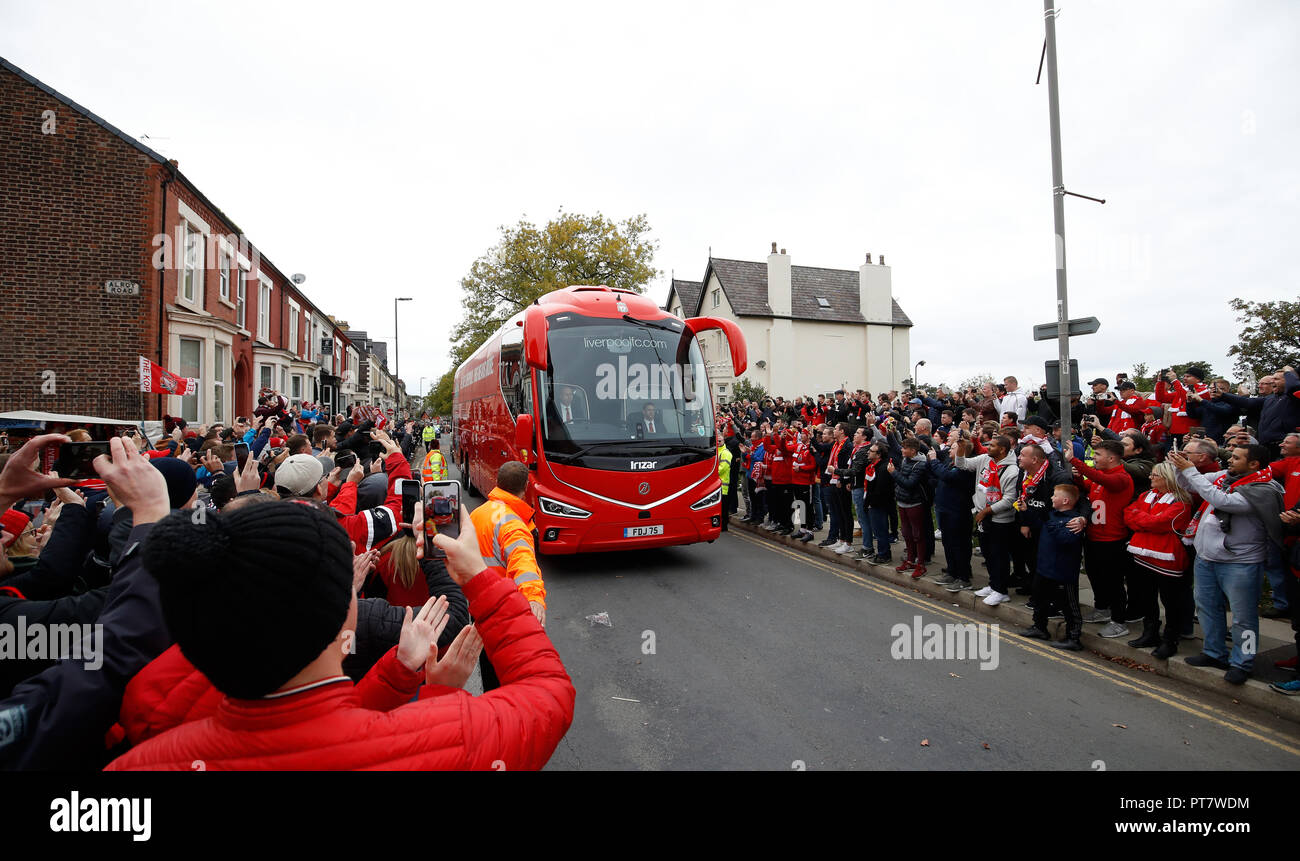 Liverpool team bus arrives for the Premier League match at Anfield ...