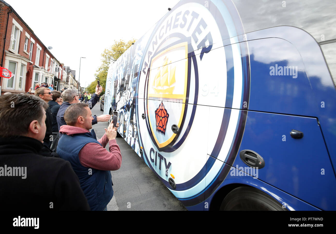 The Manchester City team bus arrives for the Premier League match at ...