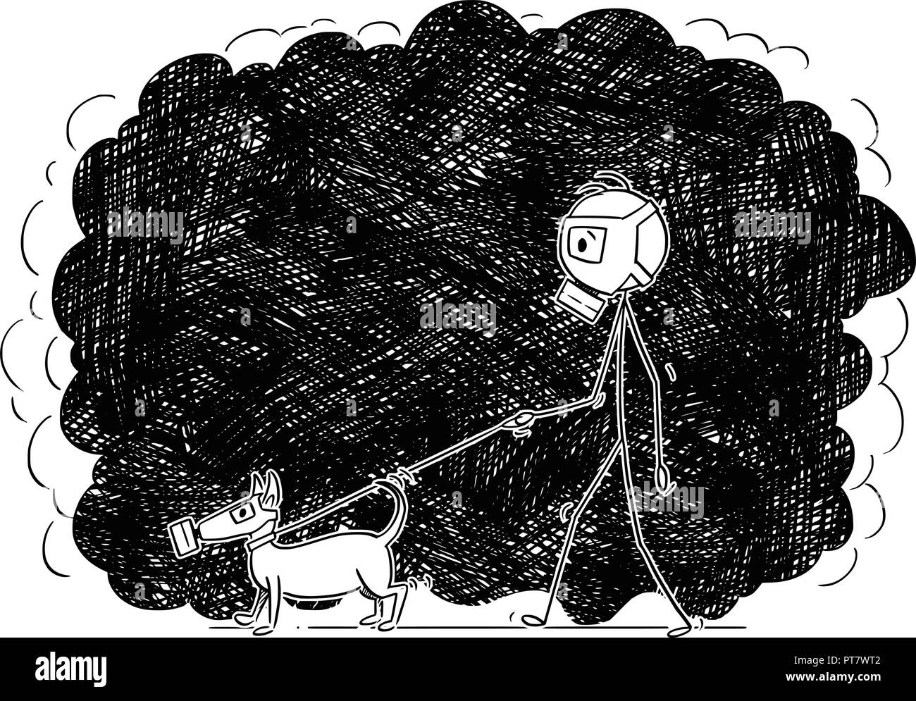 Cartoon of Man and Dog With Gas Masks Walking in Smog or Polluted Air ...