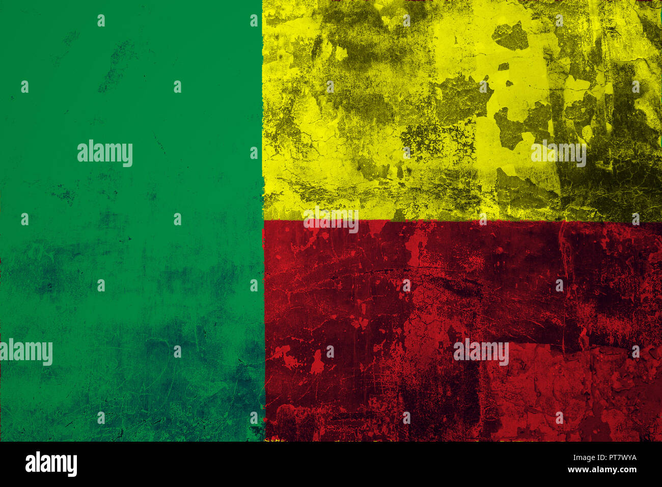 National flag of Benin on the background of the old wall covered with ...