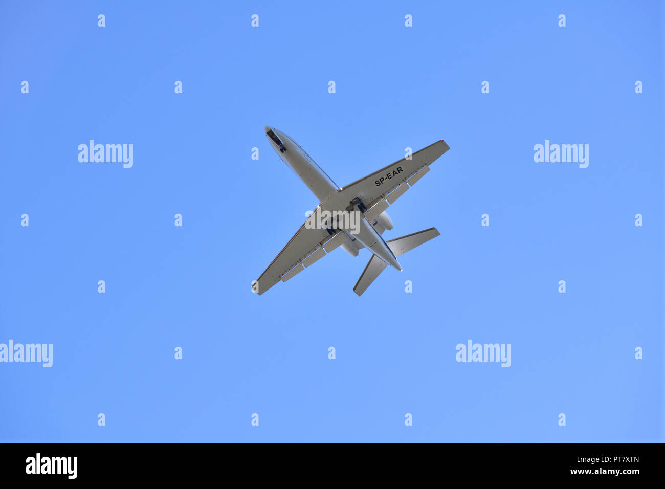Sheremetyevo, Russia - May 16. 2018. Cessna 680 in flight against the ...